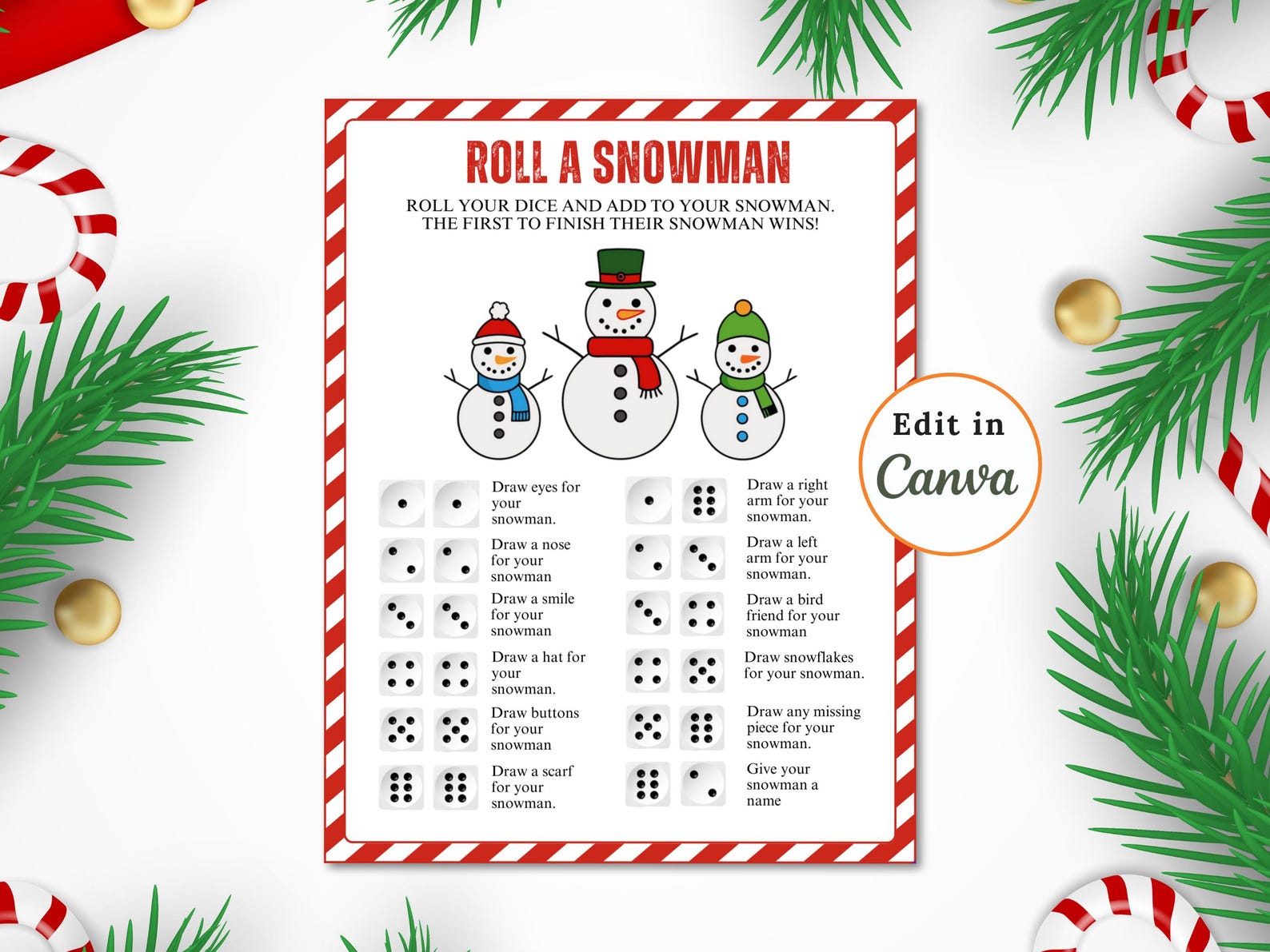 Editable ROLL A SNOWMAN, Fun Printable Game for Family Holiday Fun ...
