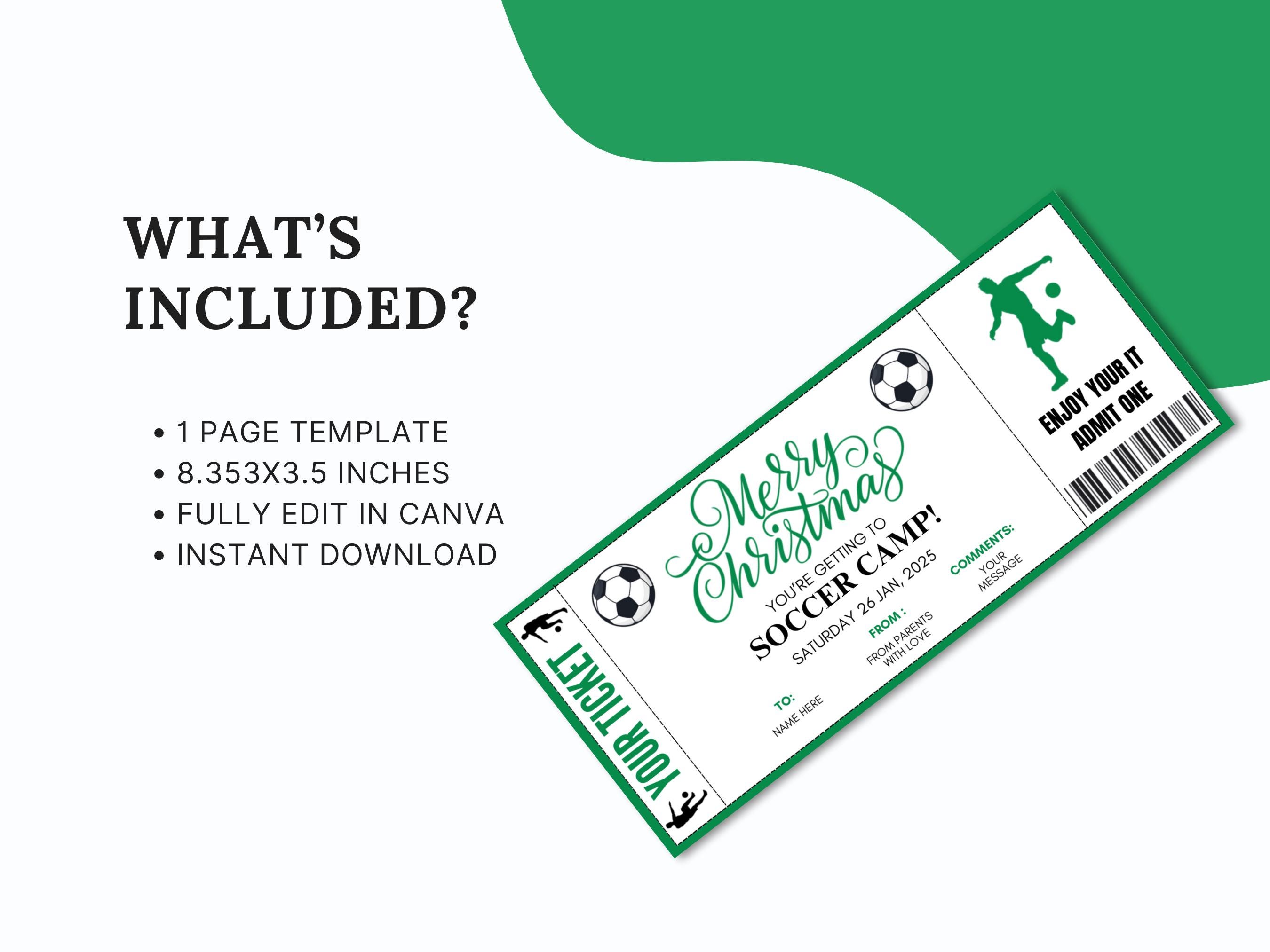 Editable CHRISTMAS SOCCER Camp VOUCHER, Gift Ticket Template, Perfect ...