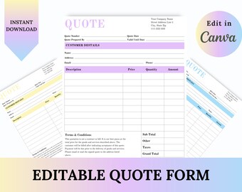 EDITABLE QUOTE FORM, Price Estimate, Quote Proposal, Quote Template ...