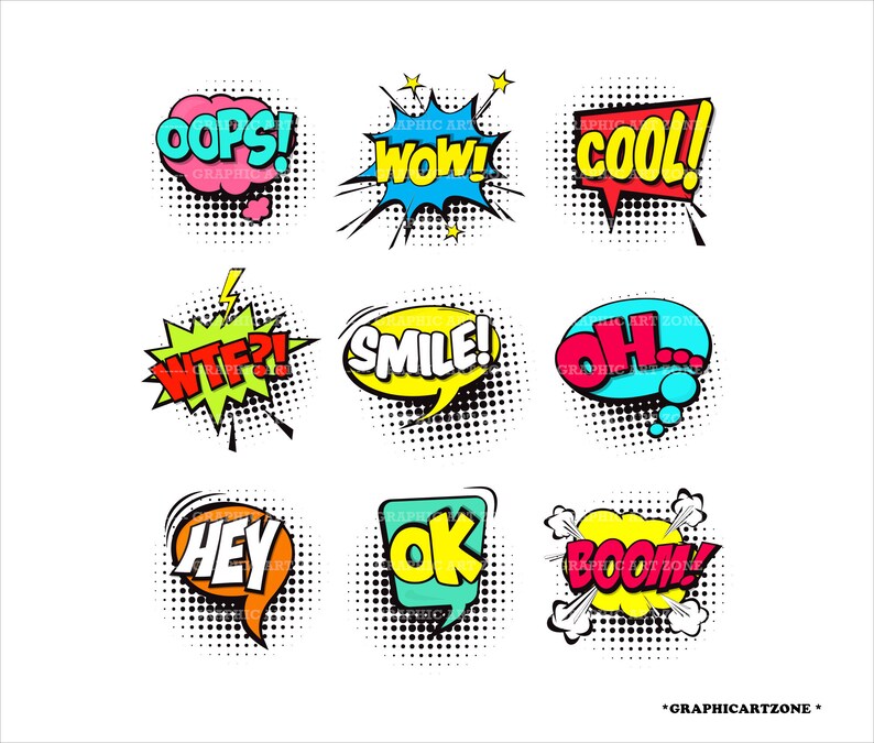 9 Comic Book Bubbles Clipart Collection, Action Signs SVG, Boom Clipart ...