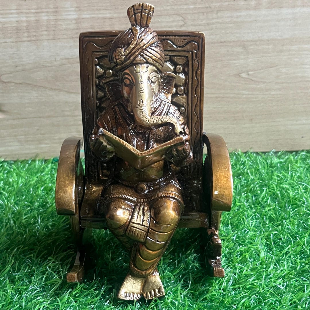 Handmade Brass Ganesha Statue: Reading Book on Chair, Hindu Decor - Etsy