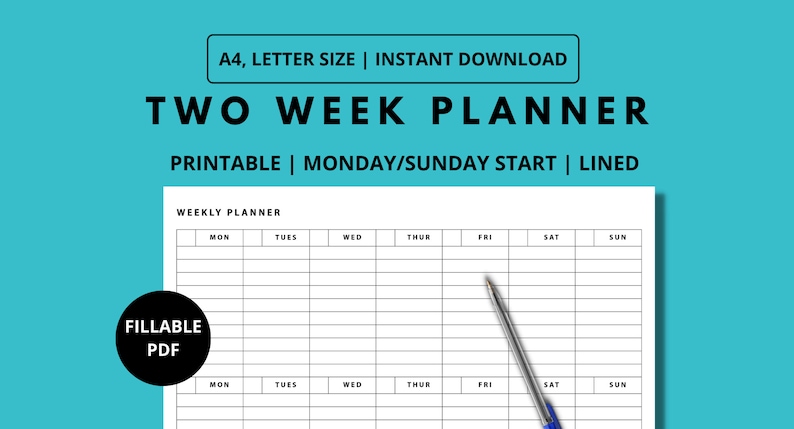 Two Week Planner, Printable, Fillable, Lined, Double Rowed, Mon/sun ...