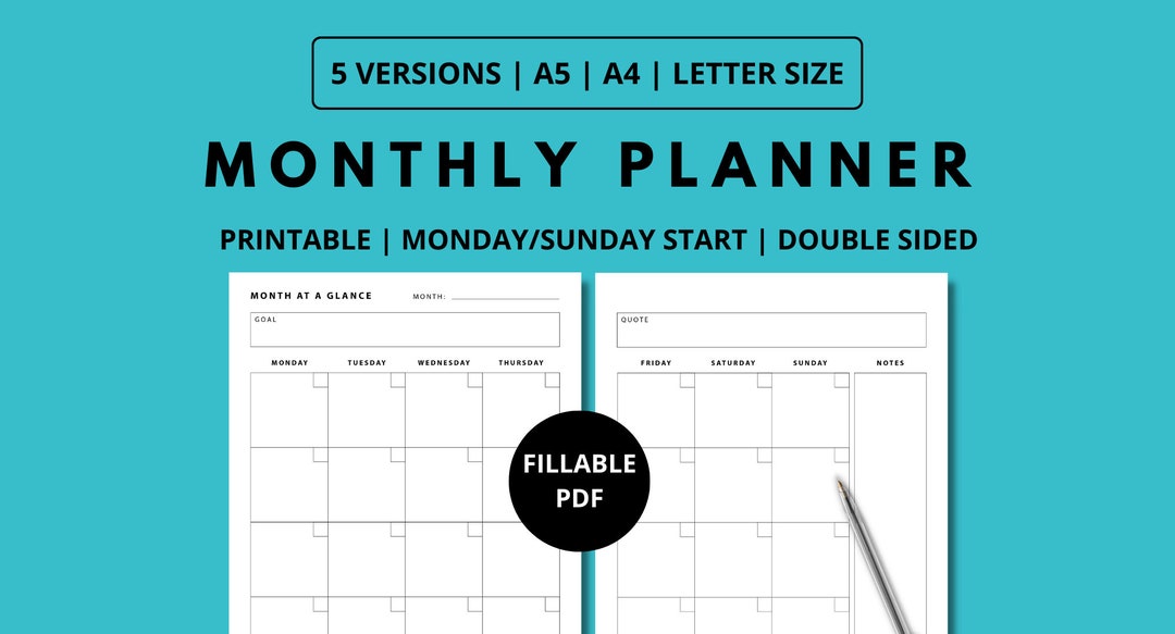 Printable Monthly Planner: Fillable, Double Sided (a4/a5/letter PDF) - Etsy