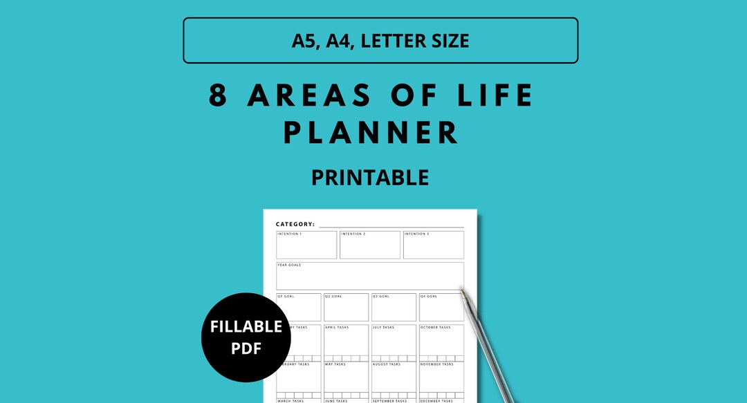 8 Areas of Life Planner, Printable, Fillable, Portrait, Productivity ...