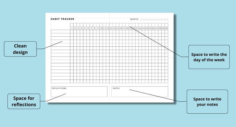 Monthly Habit Tracker, Printable, Fillable, Landscape, Productivity ...