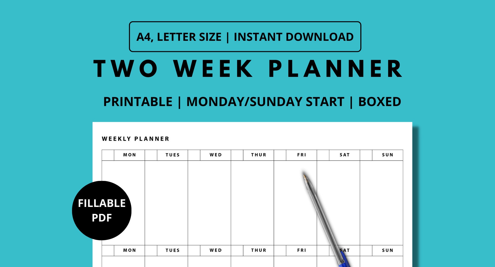 Two Week Planner, Printable, Fillable, Boxed, Double Rowed, Mon/sun ...