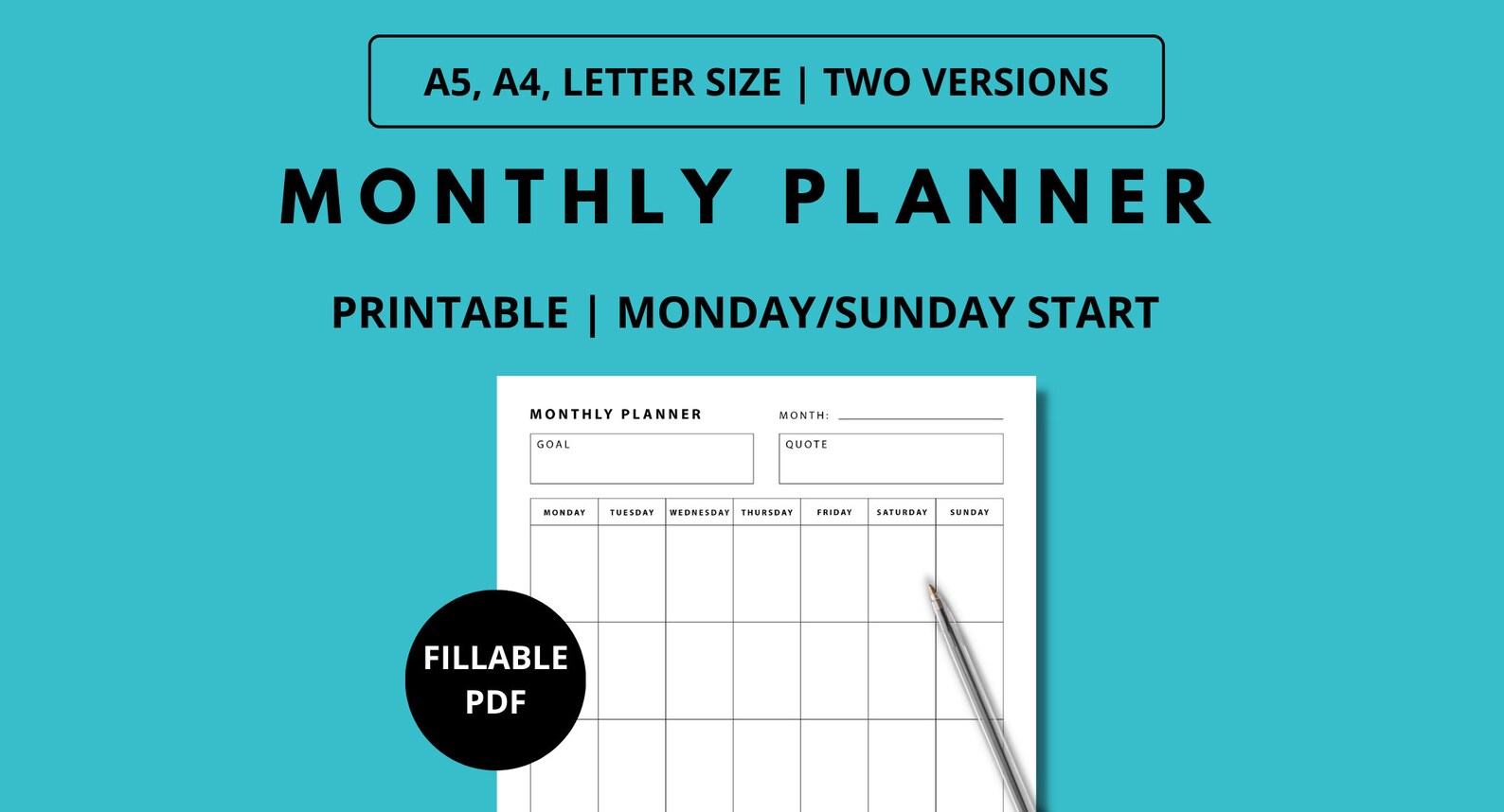 Monthly Planner, Printable, Fillable, Monday/sunday Start, Portrait ...