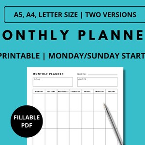 Monthly Planner, Printable, Fillable, Monday/sunday Start, Portrait ...