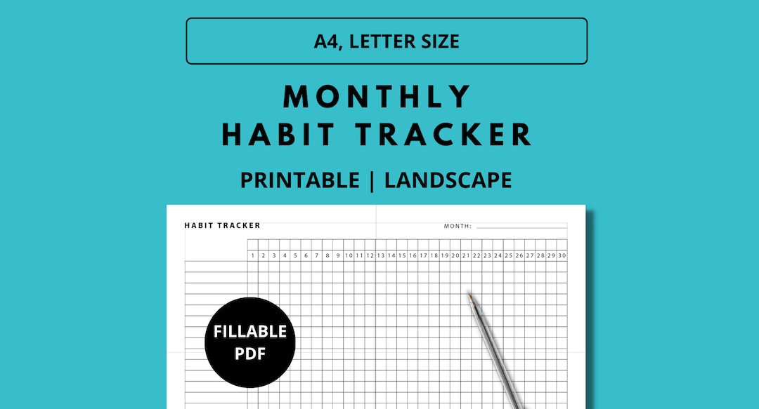 Monthly Habit Tracker, Printable, Fillable, Landscape, Productivity ...