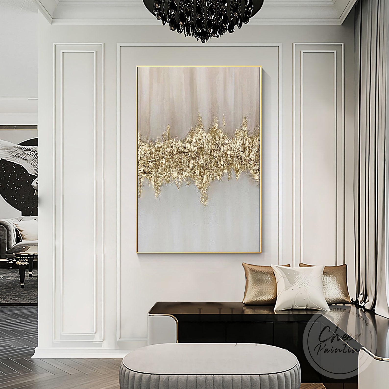 Gold Wave Texture Painting Gray Abstract Wall Art Luxurious - Etsy