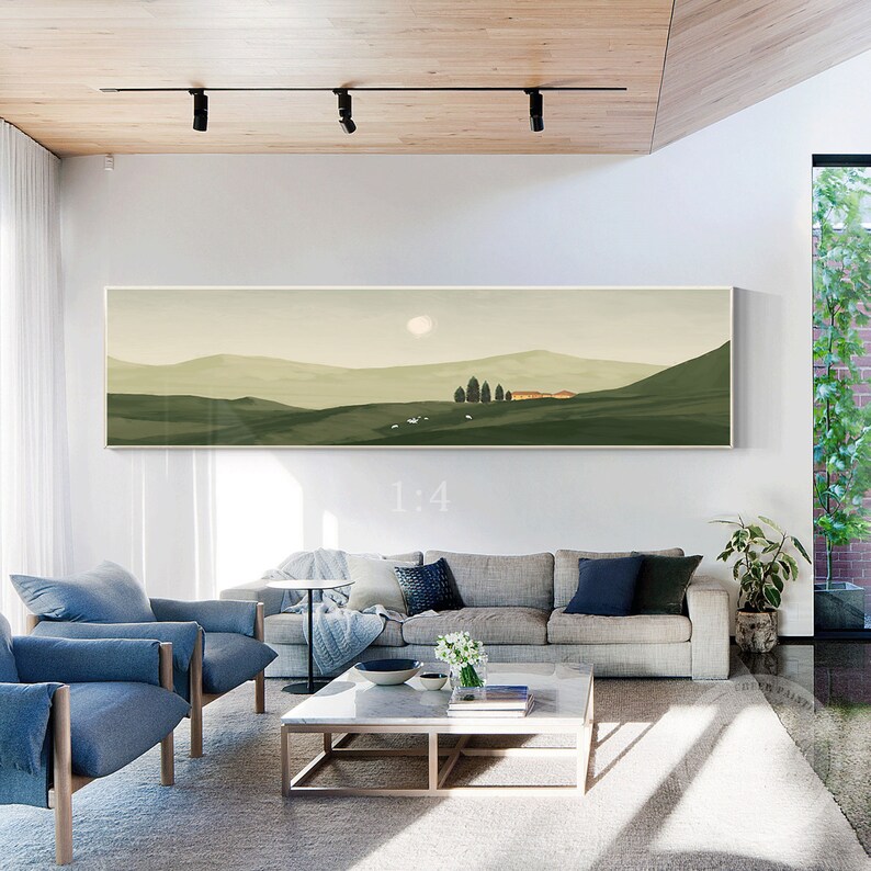 Dark Green Landscape Painting: Sunset Mountain Art, Beige Sky,long ...