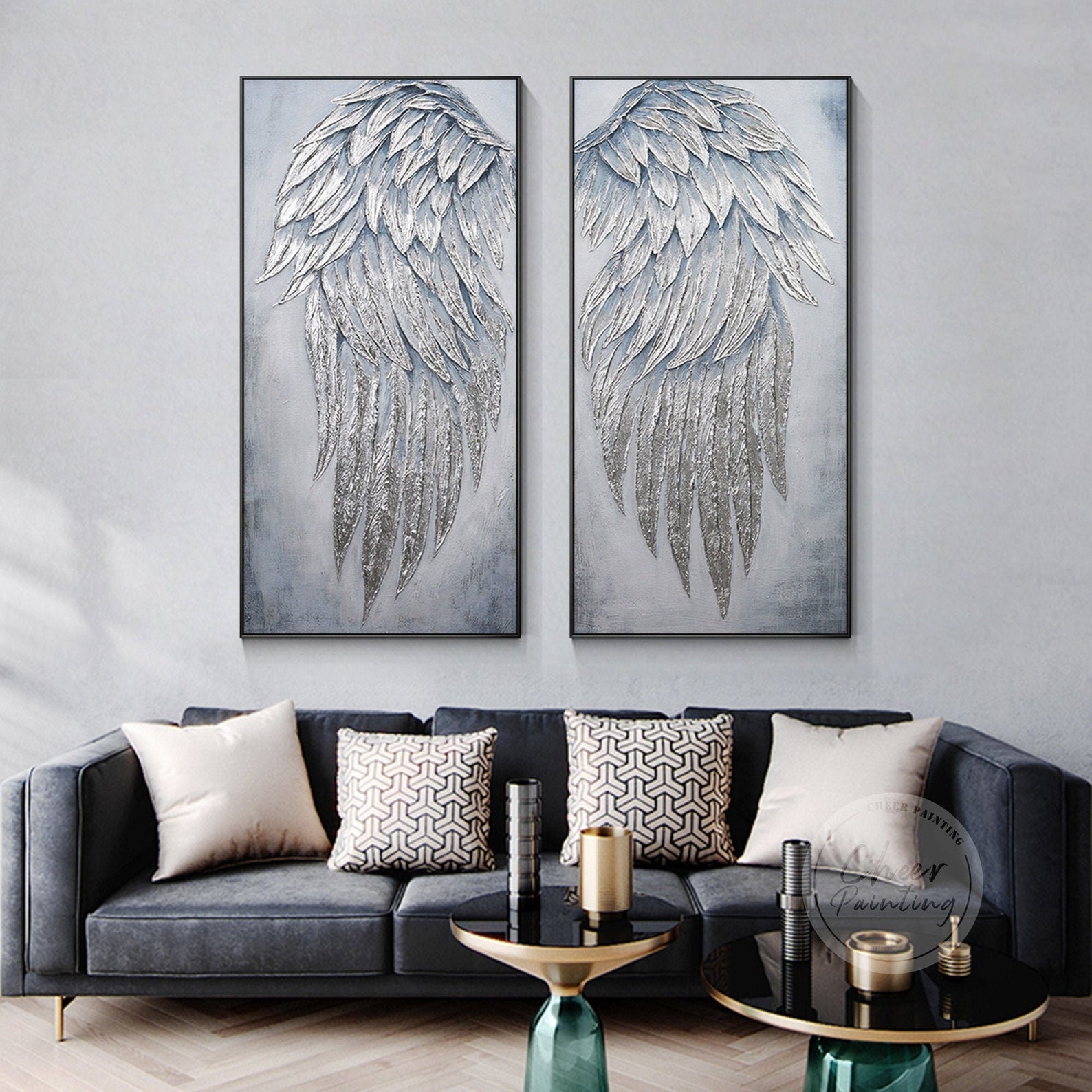 Set of 2 Silver Angel Wings Painting: Modern Abstract Framed Wall Art ...