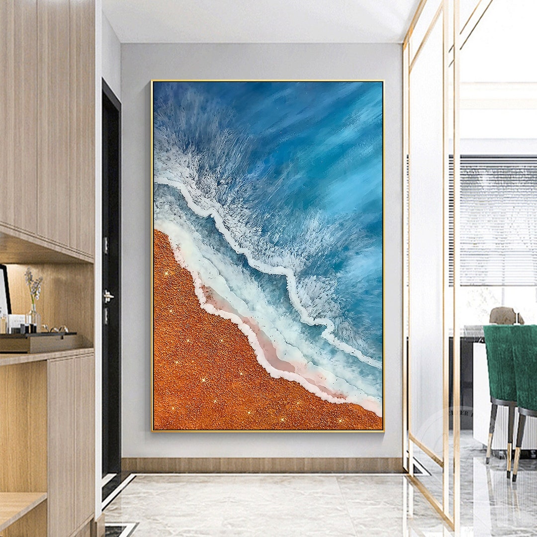 Textured Beach Seascape Painting: Red Brown Sand, Blue Ocean, Framed ...