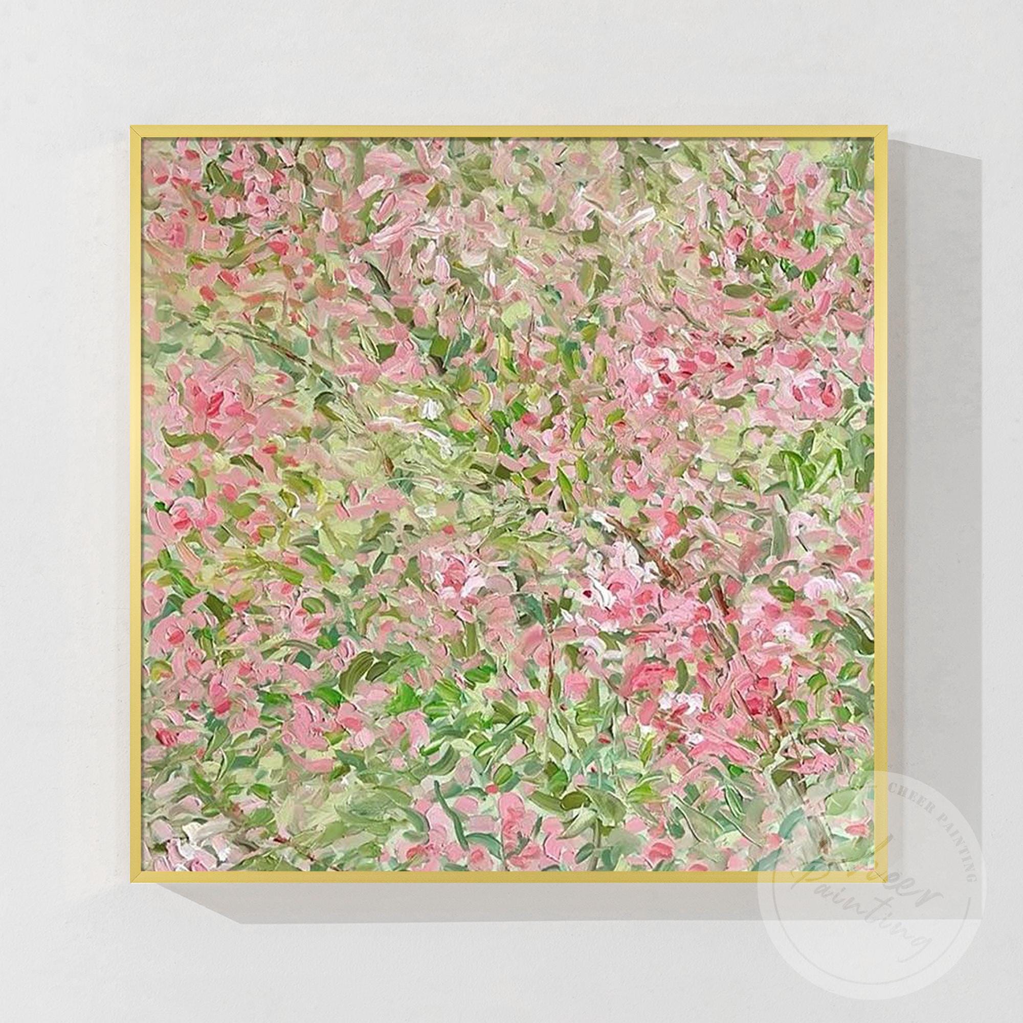 Pink and Green Square Flower Painting on Canvas Living Dinning Room ...