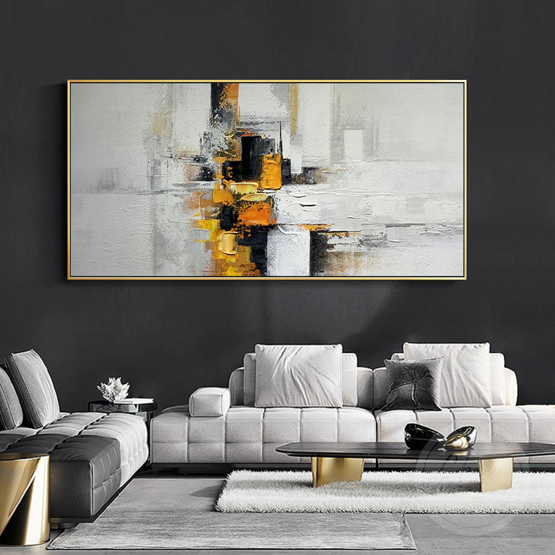 Modern Abstract Art, Gold Original Painting, Black Framed Wall Art ...