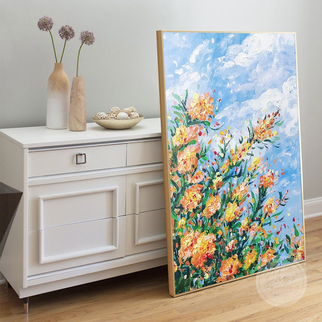 Original Orange Flower Oil Painting: Palette Knife Floral Landscape Art ...