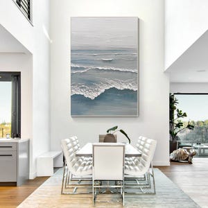 Large Grey Blue Wave Painting,light Blue Seascape Painting,large Framed ...