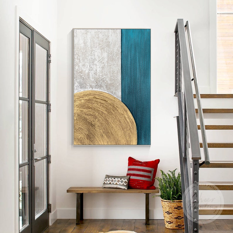 Teal Painting Abstract Art Gold Circle Painting 3D Textured - Etsy
