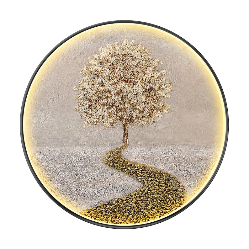 Gold Leaf Tree LED Wall Art, Circular Tree Painting With Crystal Stone ...
