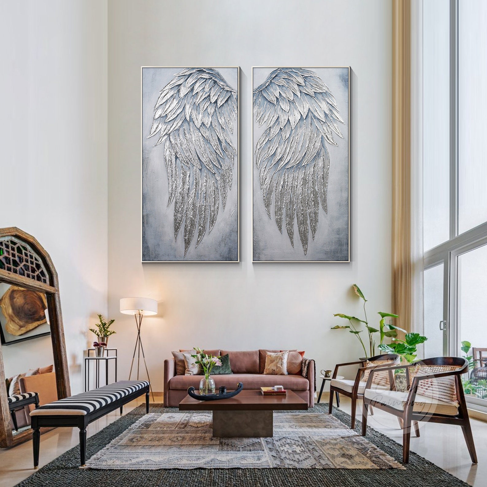 Set of 2 Silver Angel Wings Painting: Modern Abstract Framed Wall Art ...