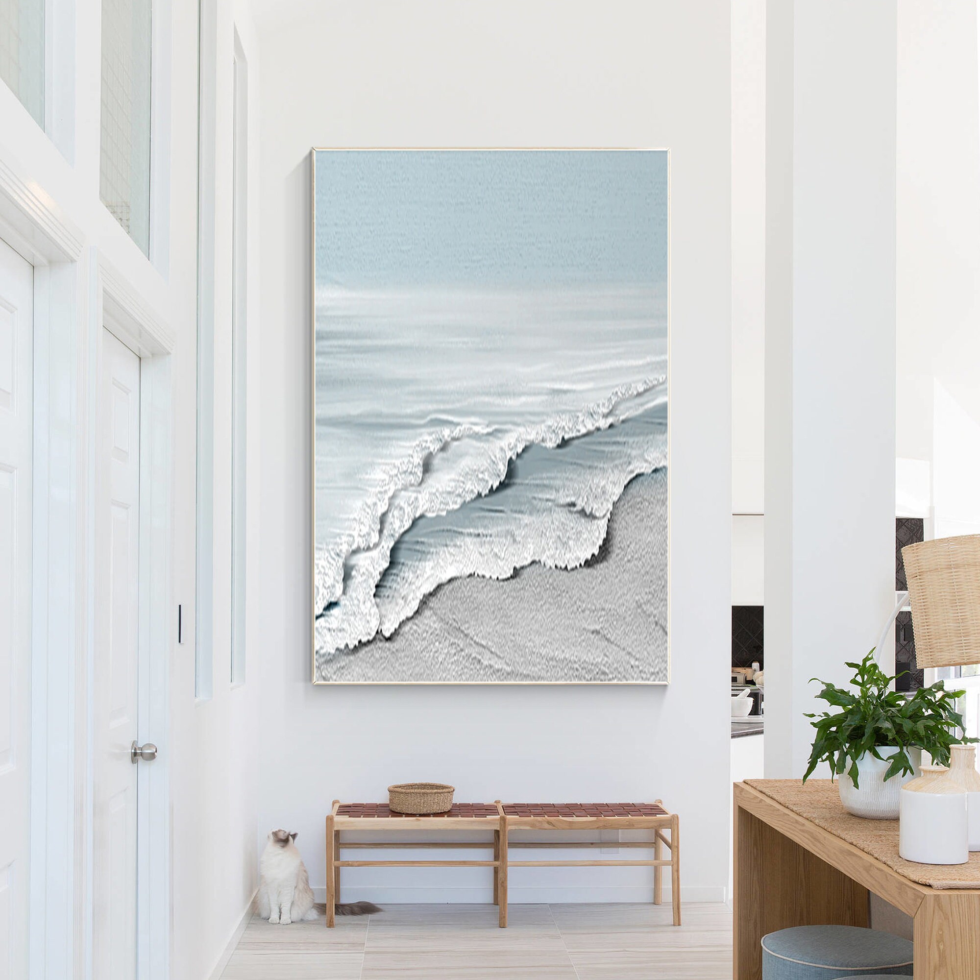 Light Blue Seascape Painting 3D Textured Art White Sea Wave Gray Beach ...