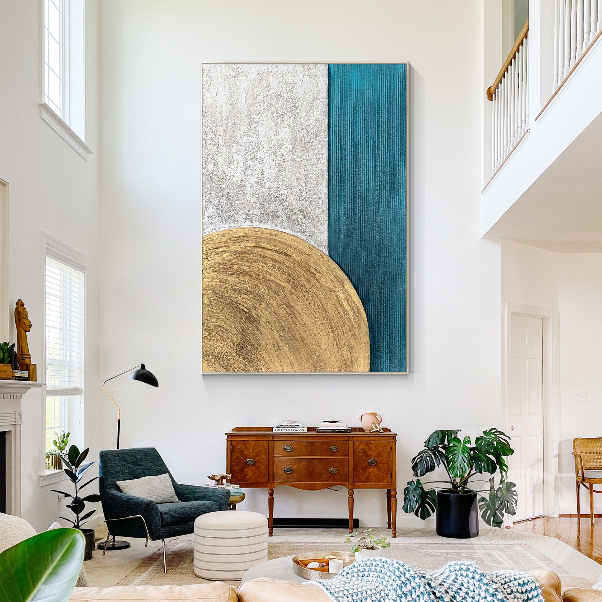 Teal Painting Abstract Art Gold Circle Painting 3D Textured - Etsy