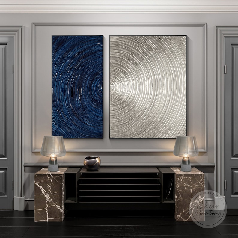 Set of 2: Navy Blue & Silver Circle Abstract Framed Art - Etsy