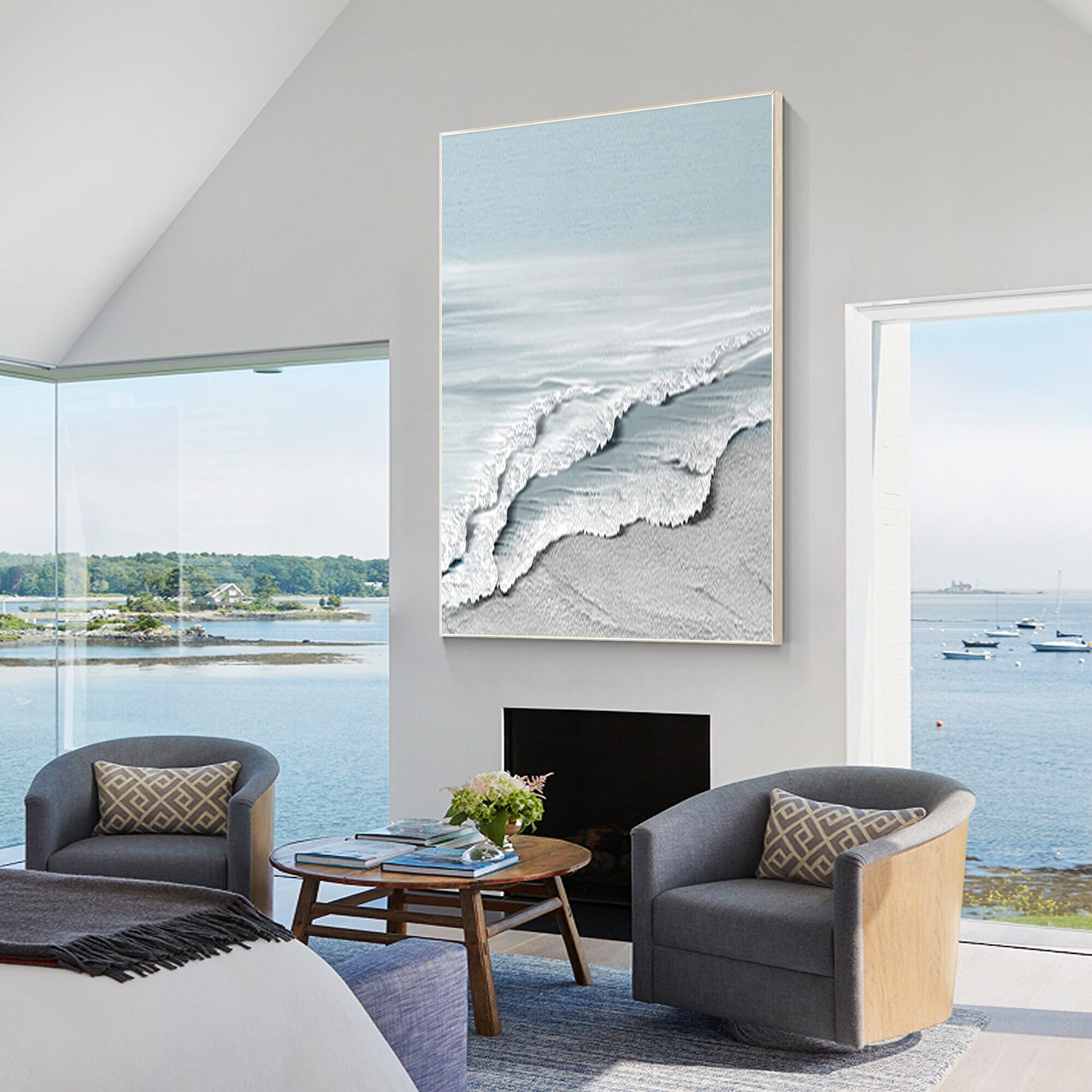 Light Blue Seascape Painting 3D Textured Art White Sea Wave Gray Beach ...