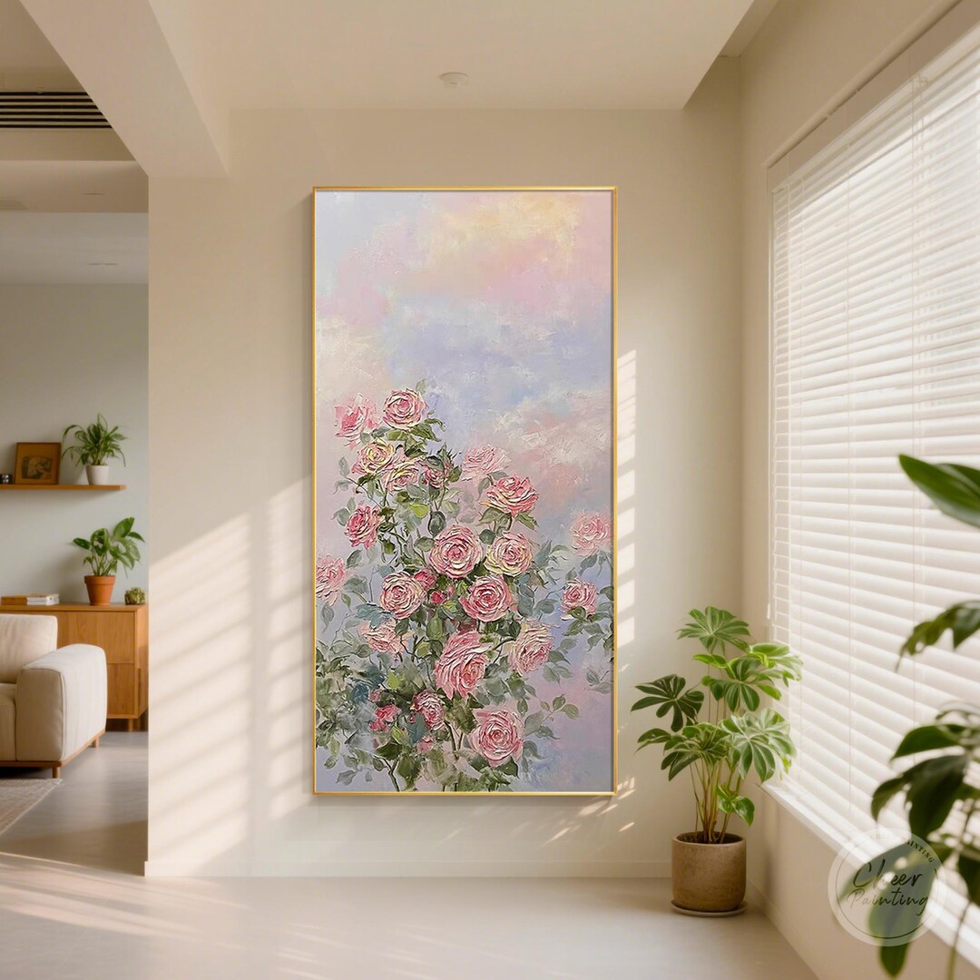 Vertical Rose Flower Oil Painting, Soft Pink Floral Wall Art for Modern ...