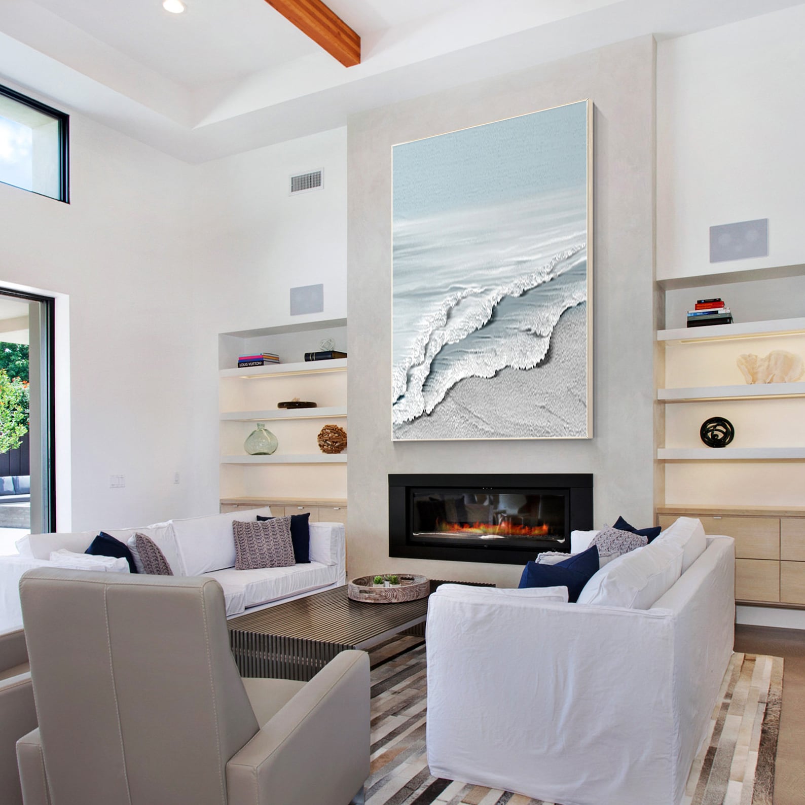 Light Blue Seascape Painting 3D Textured Art White Sea Wave Gray Beach ...