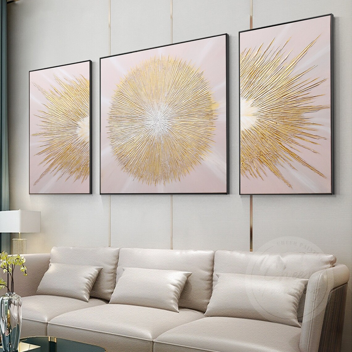 Set of 3 Gold Shiny Abstract Art Heavy Texture Pink Abstract Painting ...