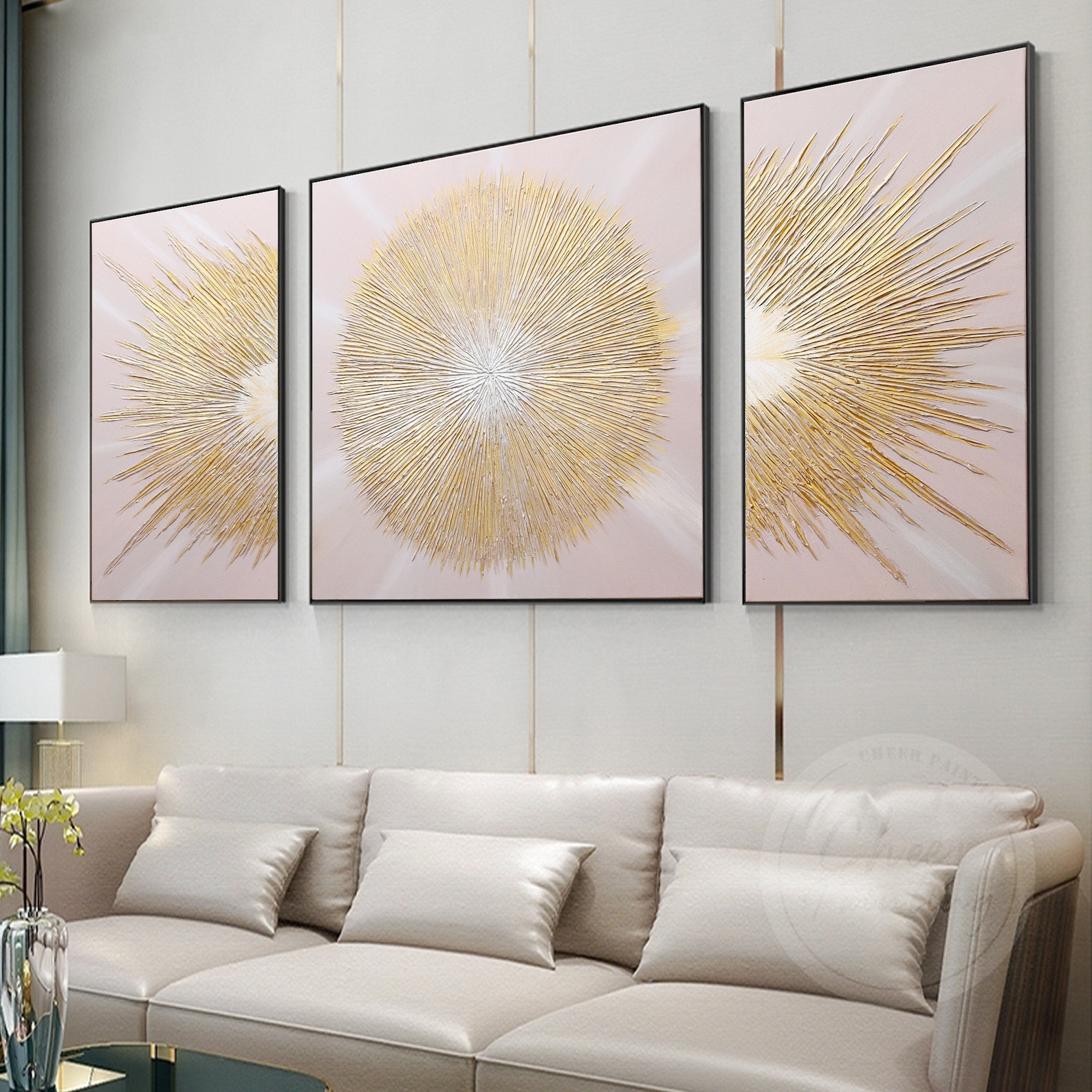 Set of 3 Gold Shiny Abstract Art Heavy Texture Pink Abstract Painting ...