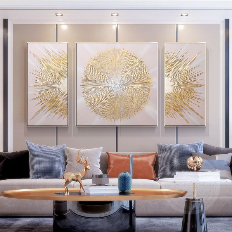 Set of 3 Gold Shiny Abstract Art Heavy Texture Pink Abstract Painting ...