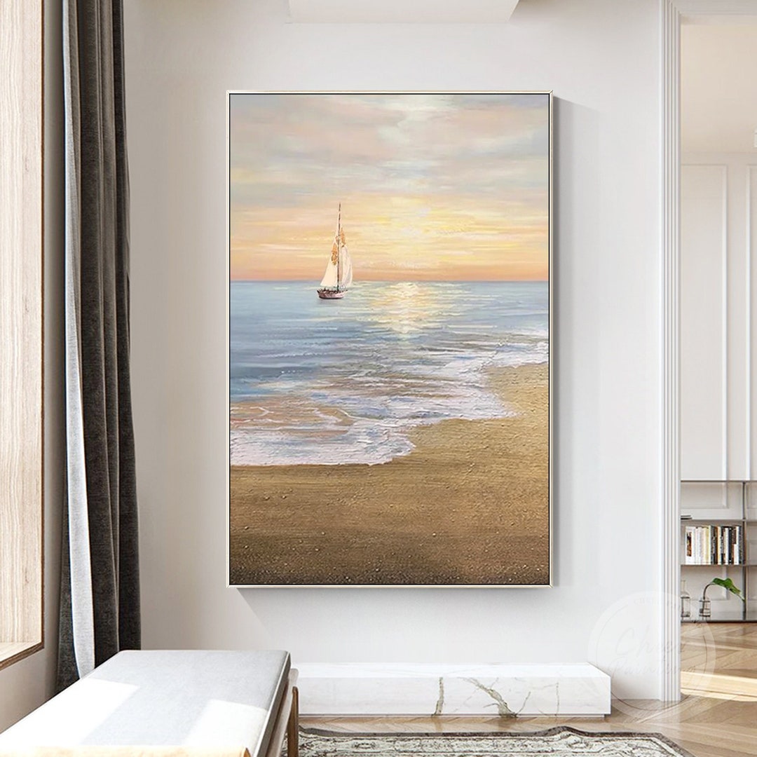Sunset Coast Paintiing,beach Sea Landscape Wall Art,sailboat Large ...