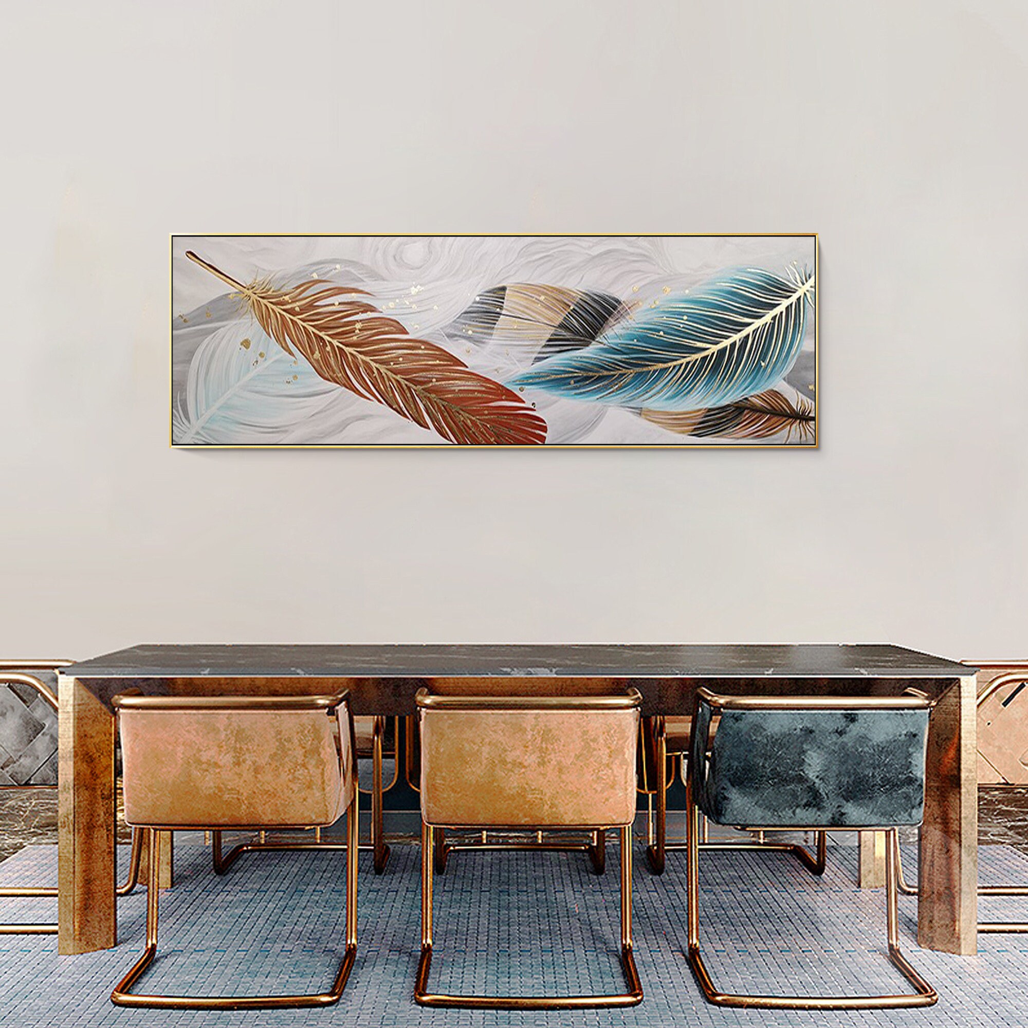 Hand Painted Modern Abstract Gold Original Wall Art Feather Acrylic ...
