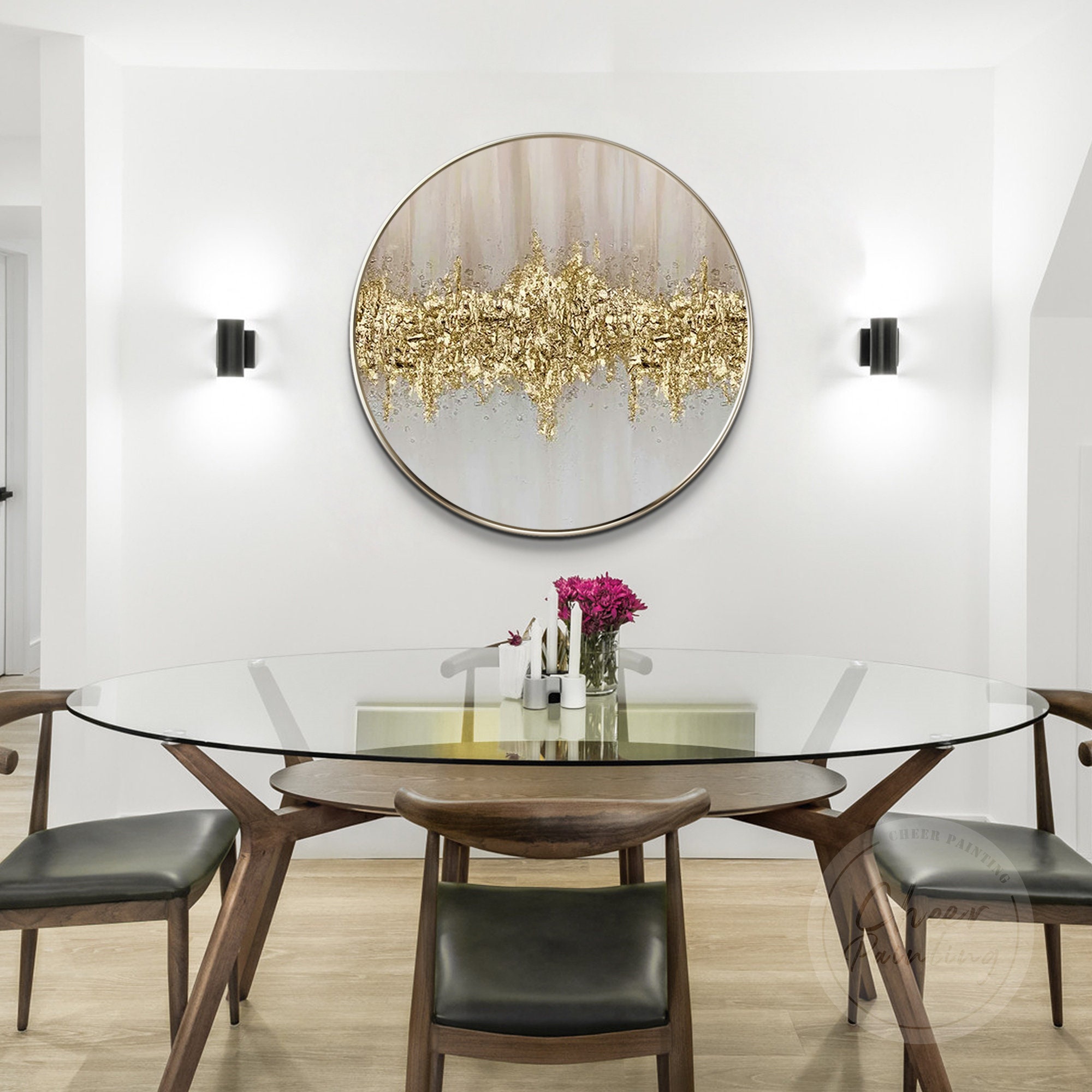 Gold Abstract Round Painting Fancy Wall Art Pink Beige - Etsy