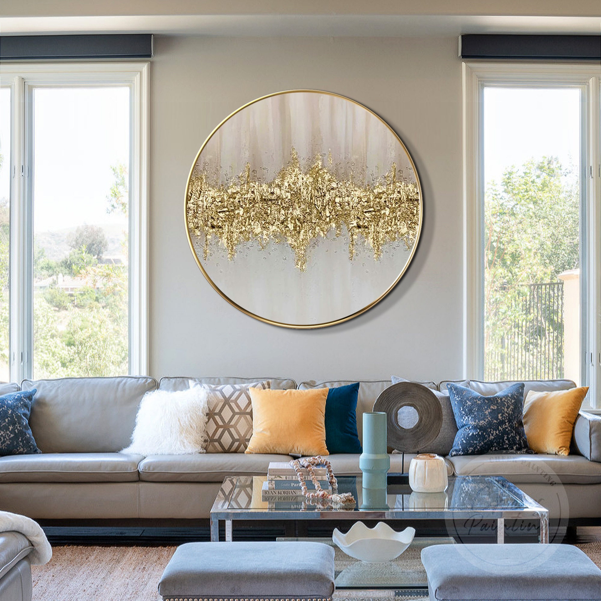 Gold Abstract Round Painting Fancy Wall Art Pink Beige - Etsy