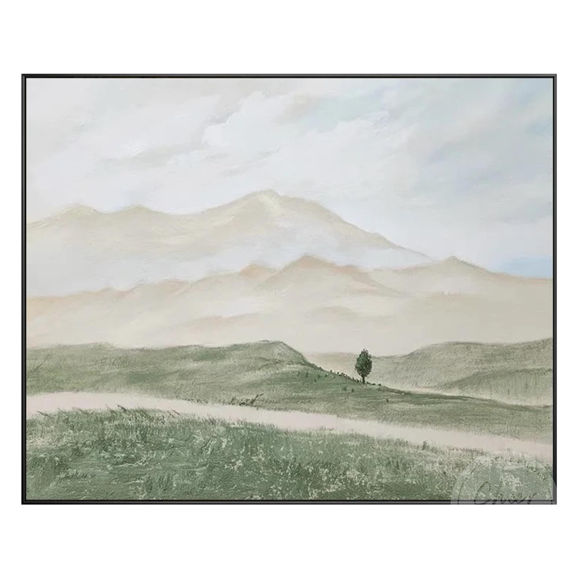 Beige Mountain Green Grassland Painting Landscape Art Textured - Etsy