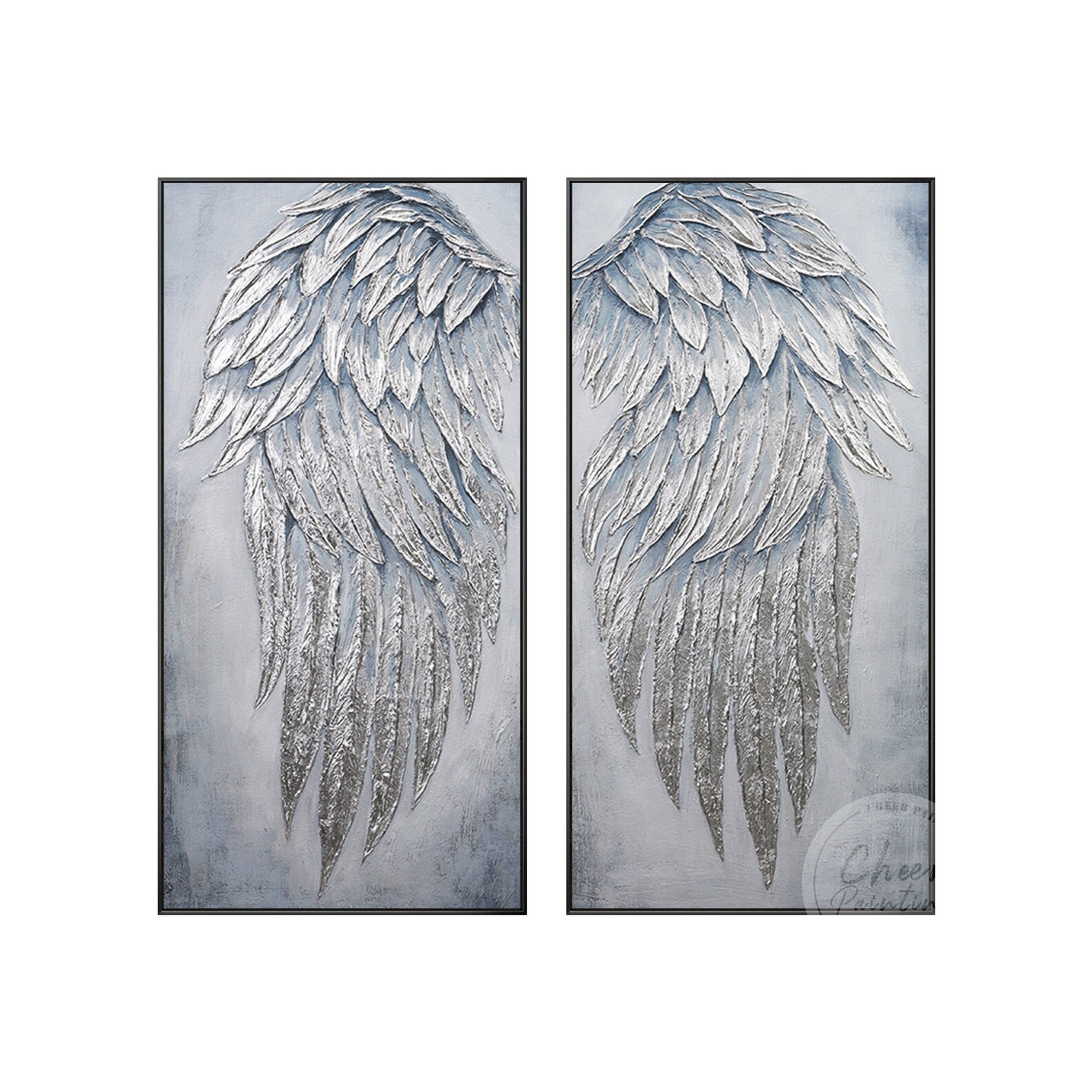 Set of 2 Silver Angel Wings Painting: Modern Abstract Framed Wall Art ...