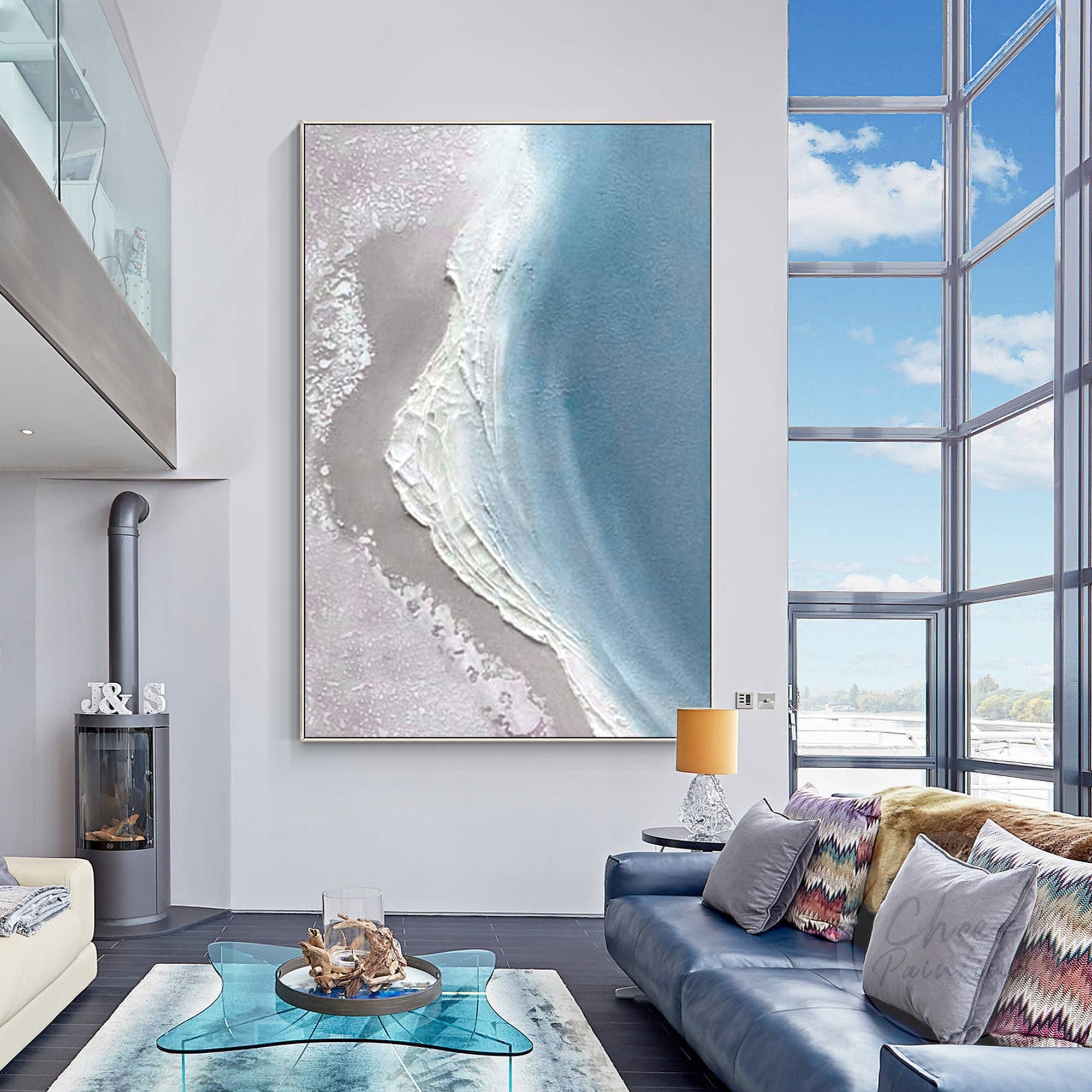 Textured Beach Painting: Blue Ocean Seascape, Framed Wall Art - Etsy