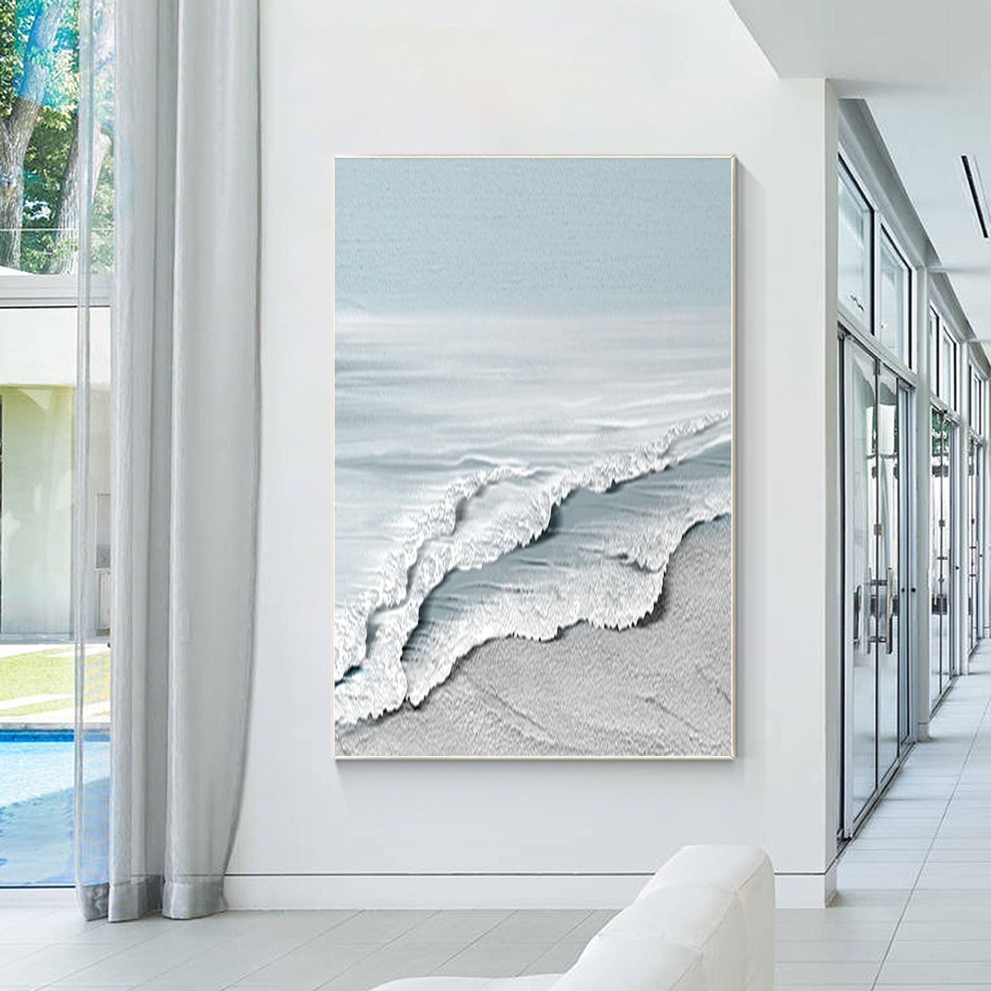 Light Blue Seascape Painting 3D Textured Art White Sea Wave Gray Beach ...