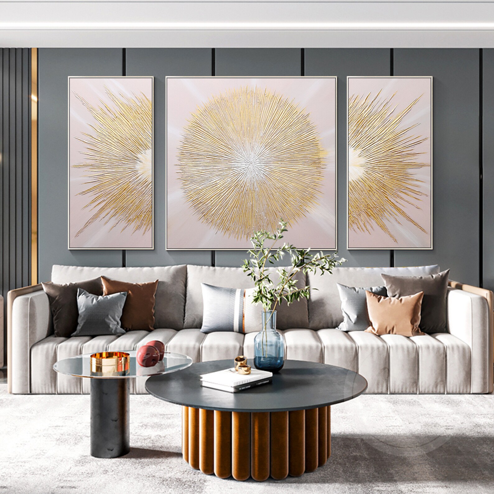 Set of 3 Gold Shiny Abstract Art Heavy Texture Pink Abstract Painting ...