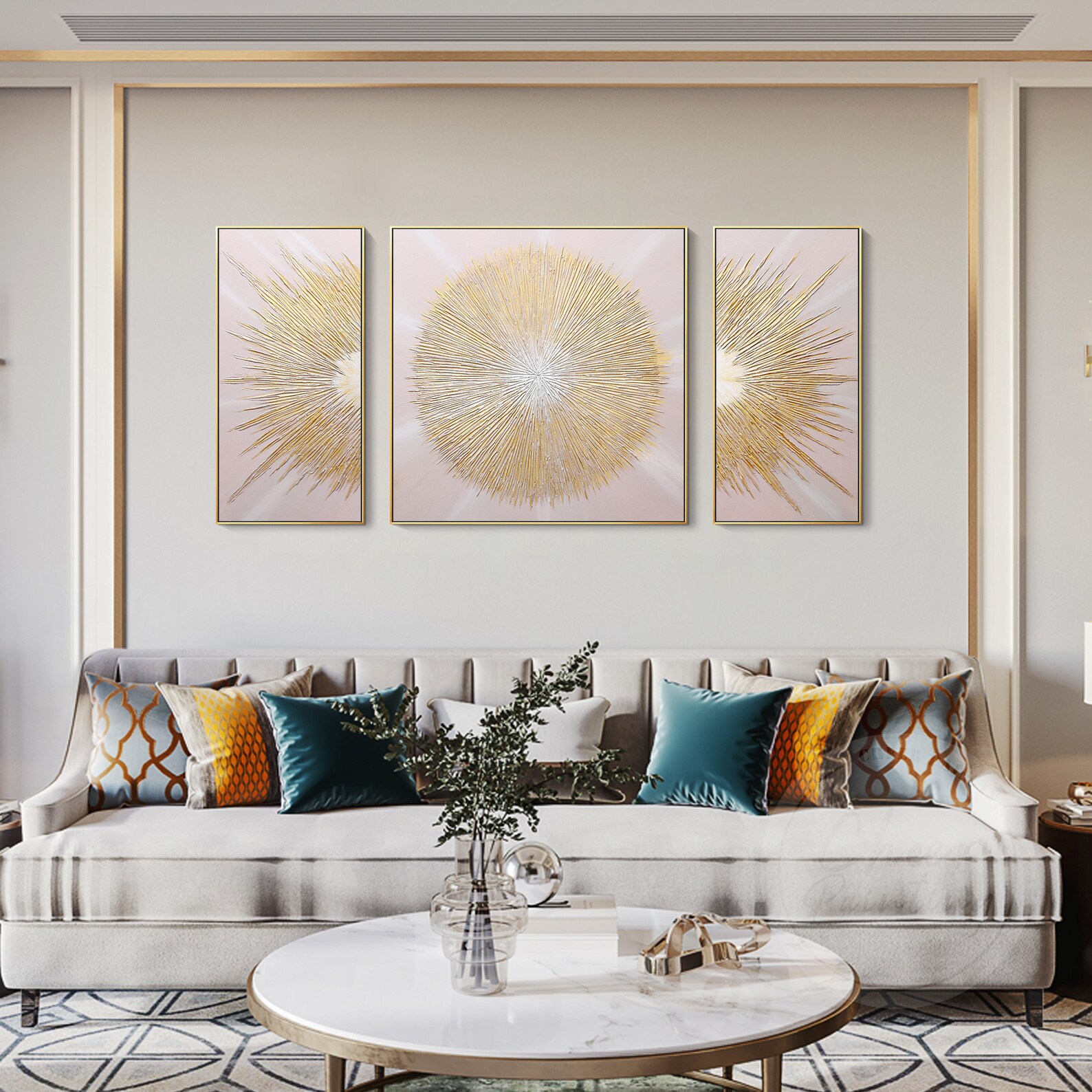 Set of 3 Gold Shiny Abstract Art Heavy Texture Pink Abstract Painting ...