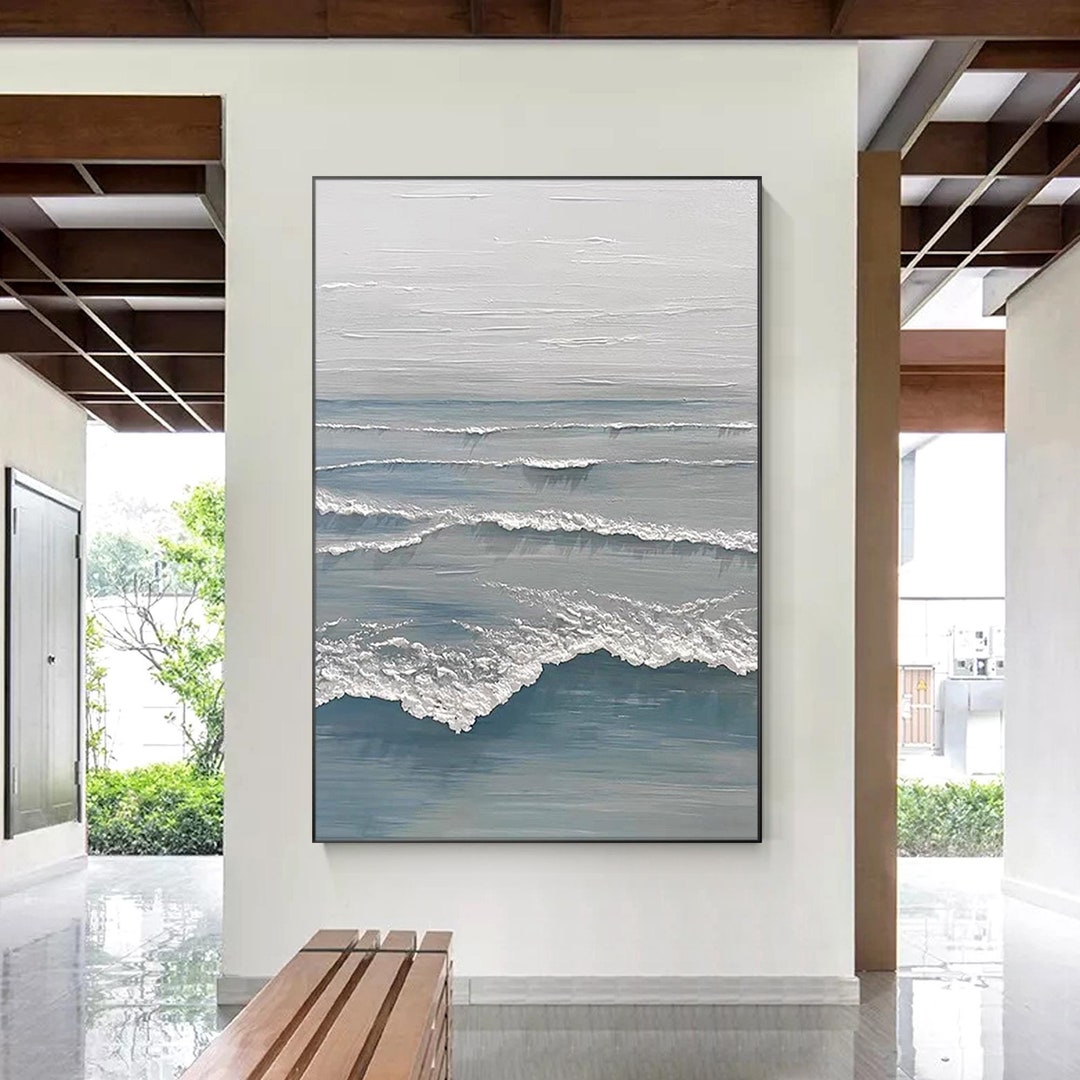 Large Grey Blue Wave Painting,light Blue Seascape Painting,large Framed ...