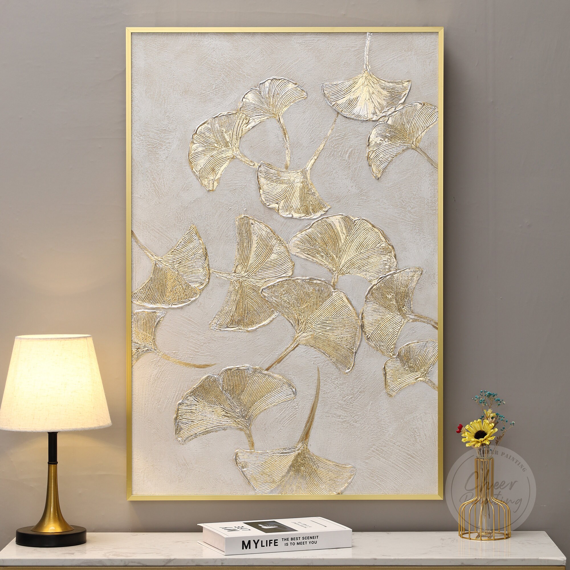 Gold Ginkgo Leaf Painting, Minimalist Abstract Wall Art, Framed Gold ...