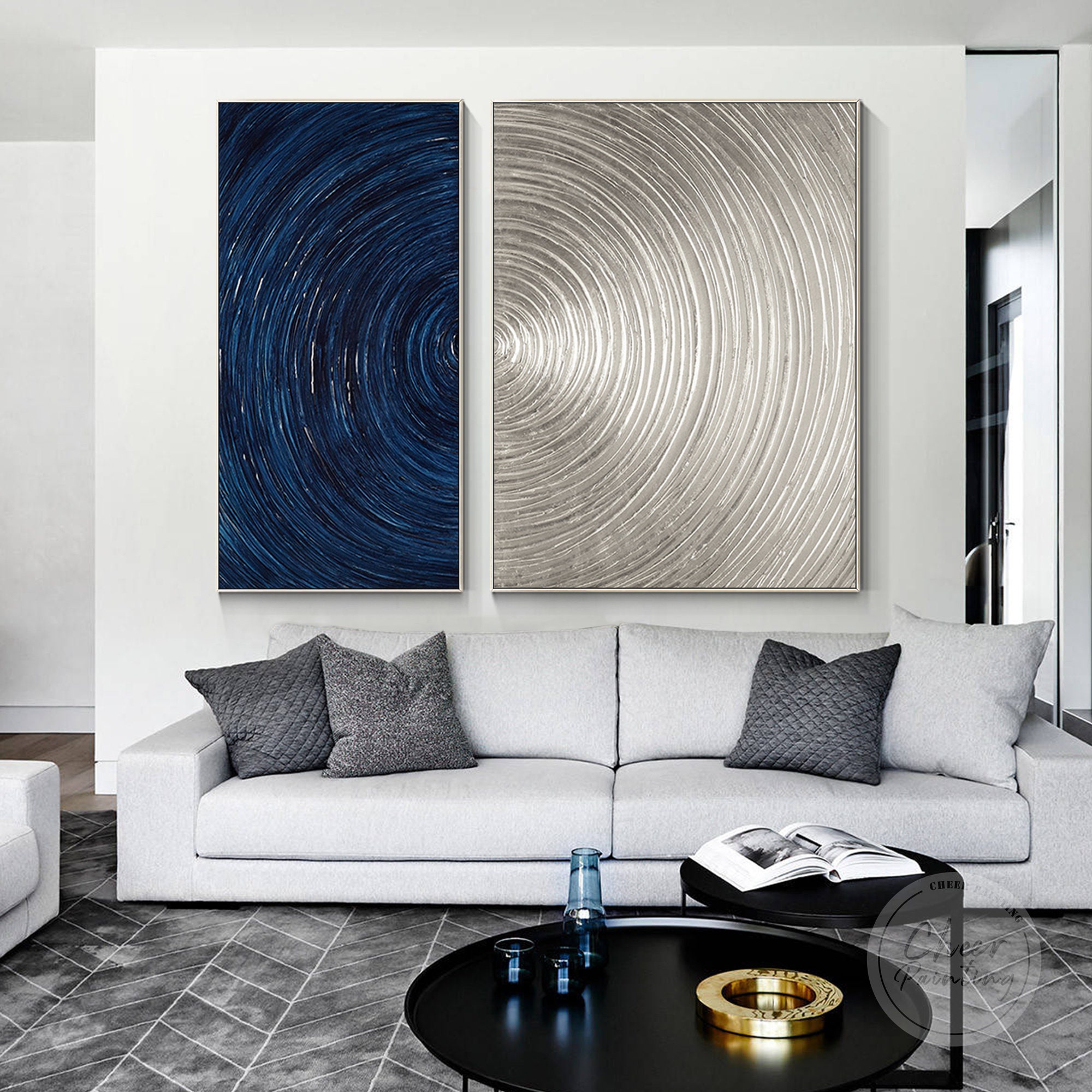Set of 2: Navy Blue & Silver Circle Abstract Framed Art - Etsy Canada