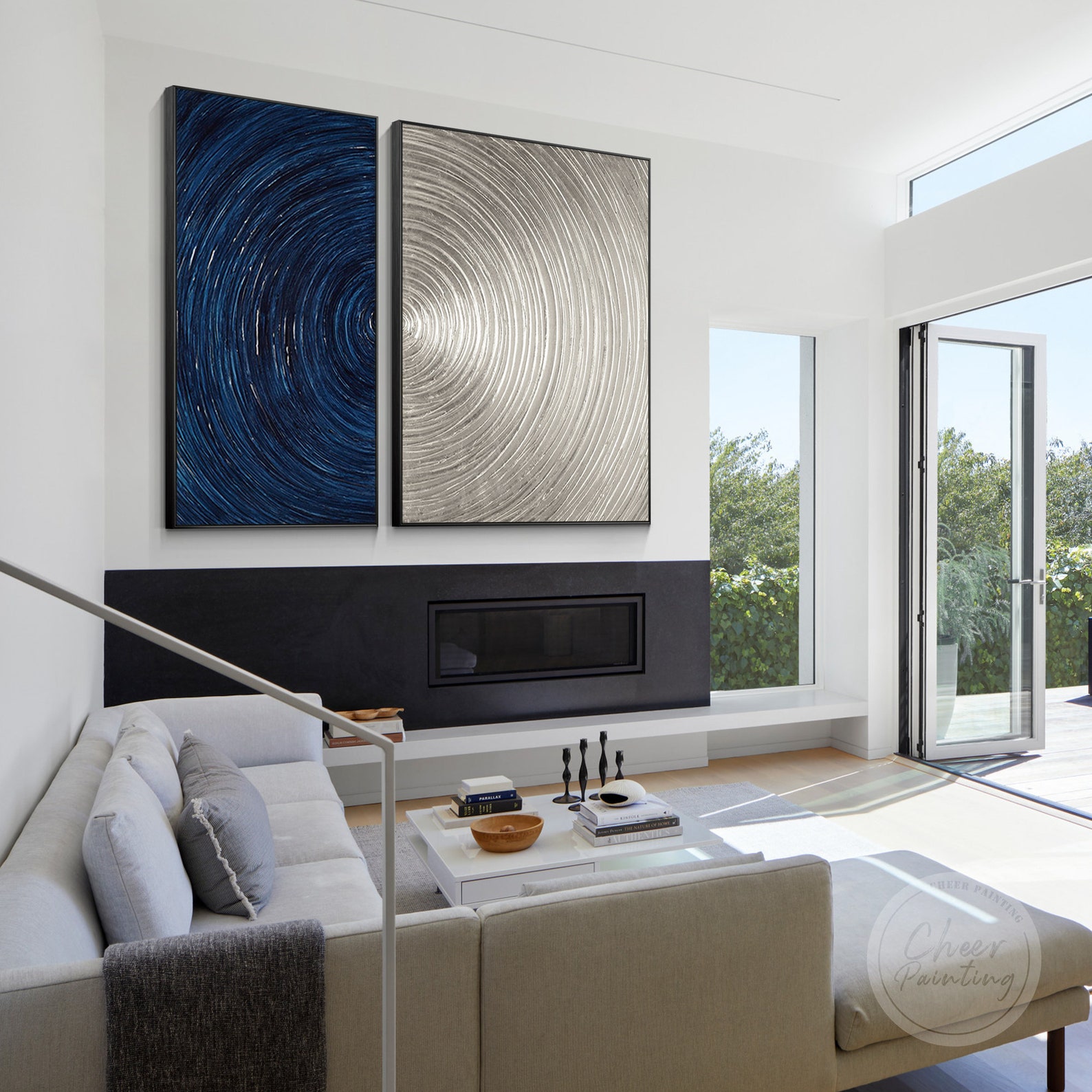 Set of 2: Navy Blue & Silver Circle Abstract Framed Art - Etsy