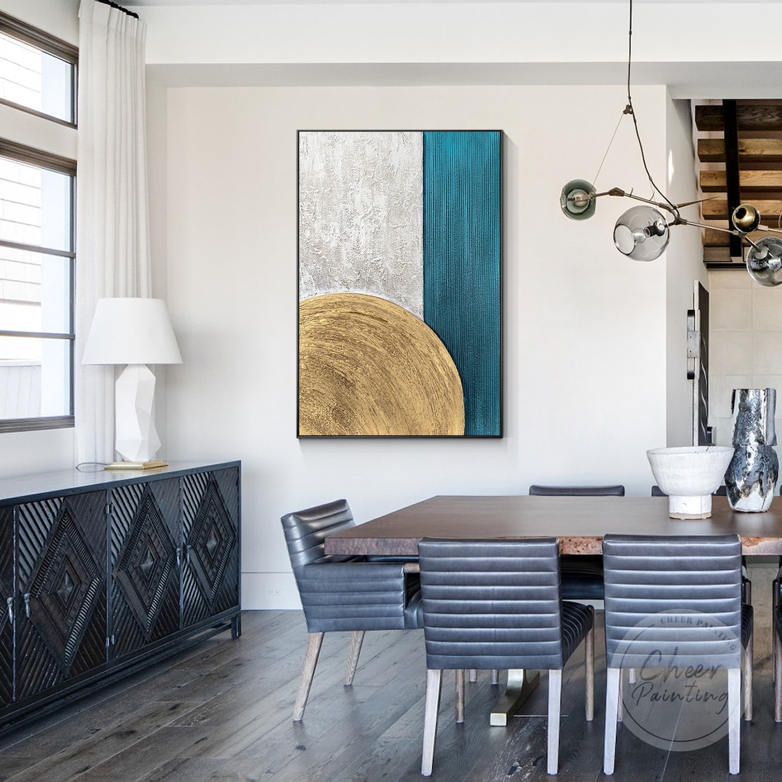 Teal Painting Abstract Art Gold Circle Painting 3D Textured - Etsy