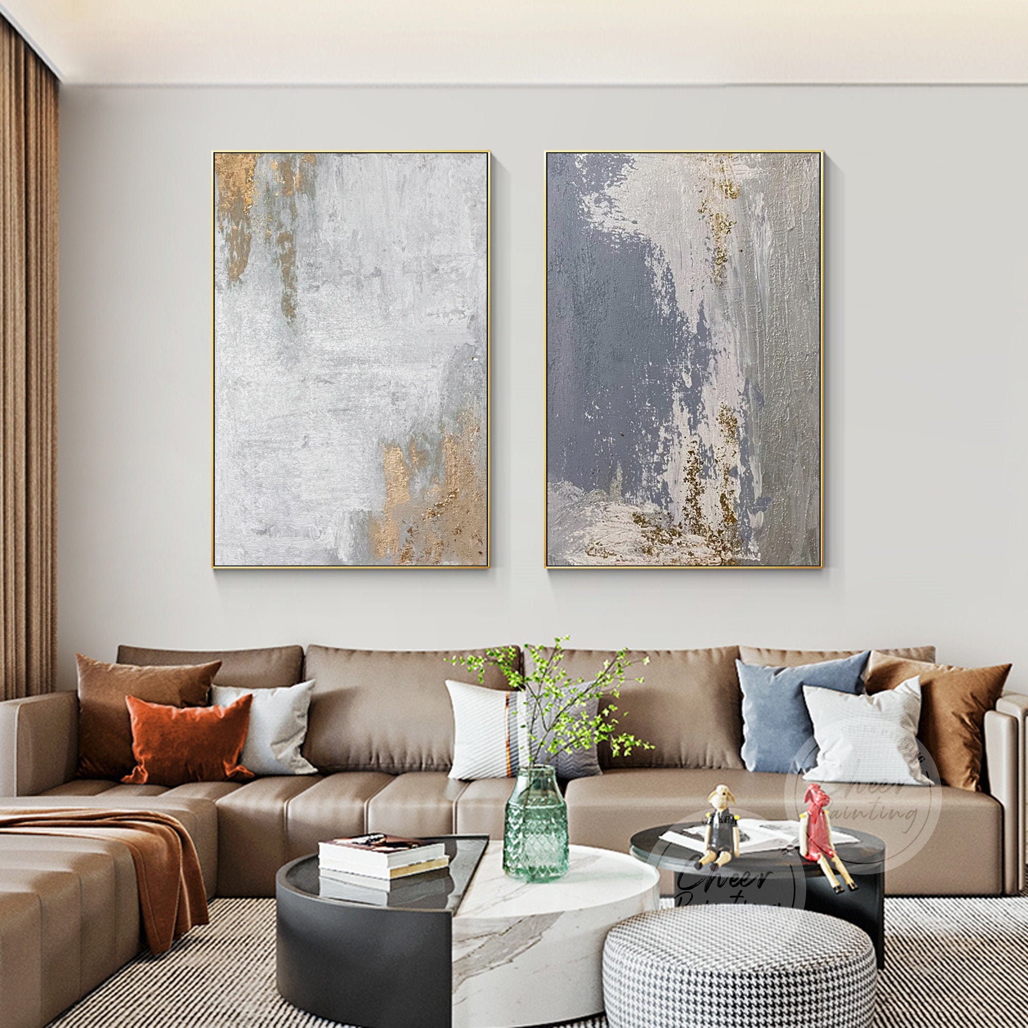 2 Stück Moderne Abstrakte Kunst Gold Grau Original Ölgemälde | Etsy