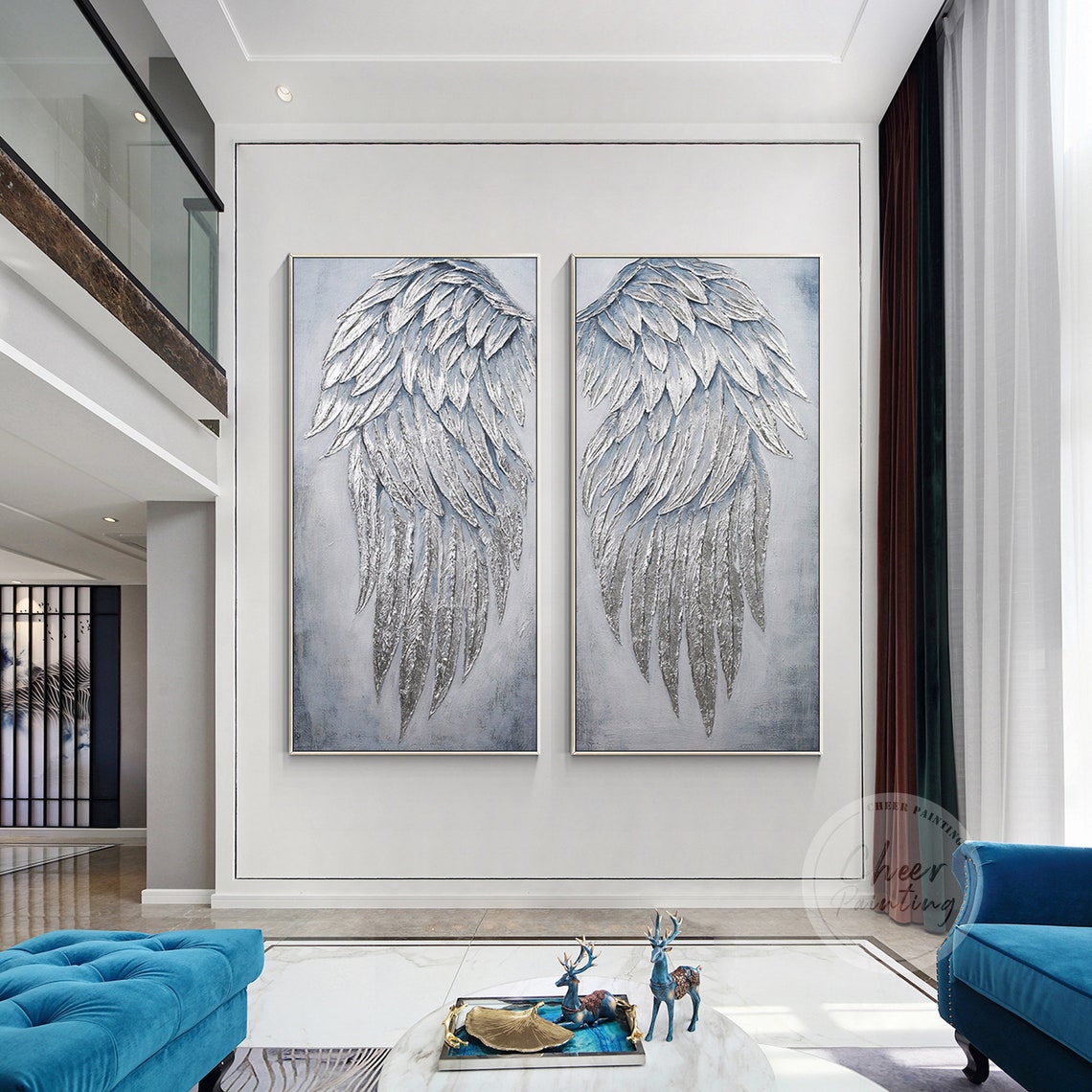 Set of 2 Silver Angel Wings Painting: Modern Abstract Framed Wall Art ...